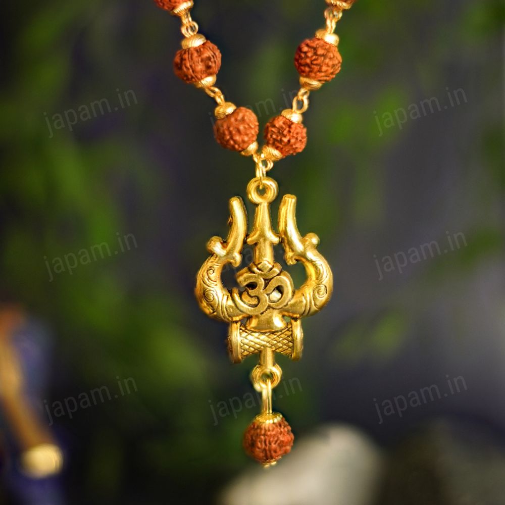 Gold Plated Rudraksha Om Trishool Necklace – Japam