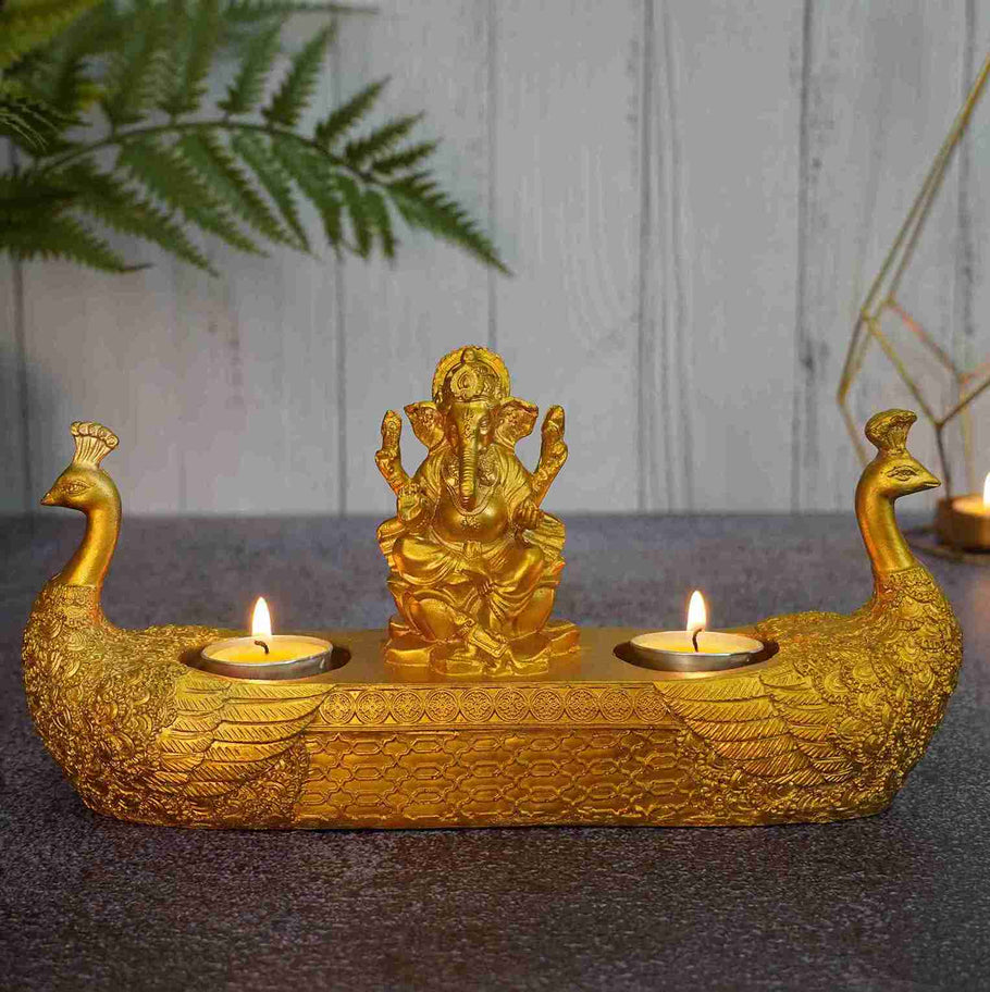 Gold Plated Peacock Grace Ganesh Ji - Candle Holder – Japam